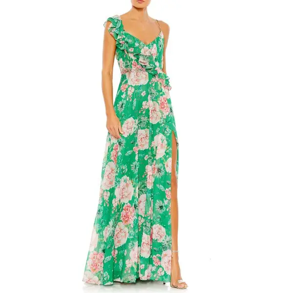 Mac Duggal Floral Print Ruffled A-line Gown - Green Multi