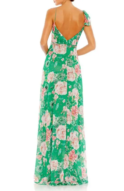 Mac Duggal Floral Print Ruffled A-line Gown