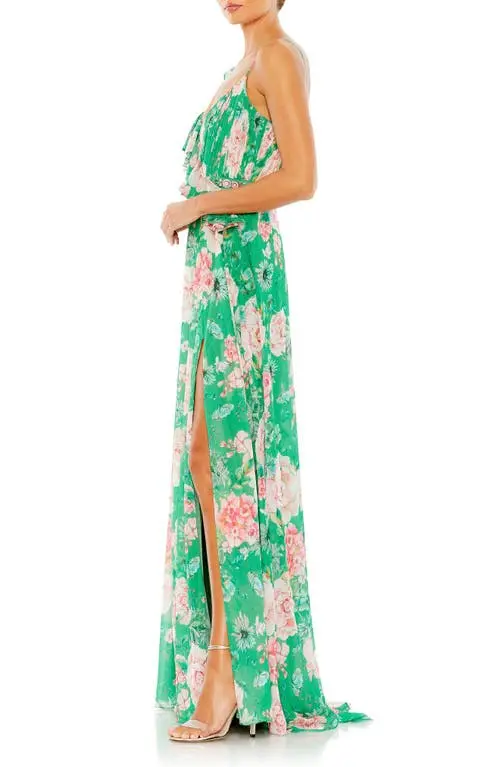 Mac Duggal Floral Print Ruffled A-line Gown