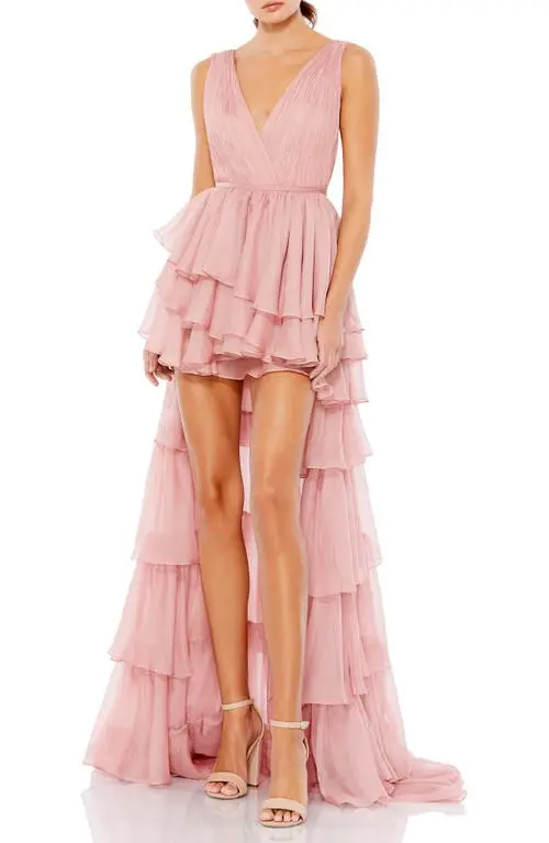 Mac Duggal High-low Tiered Gown With Bodysuit - Rose Pink