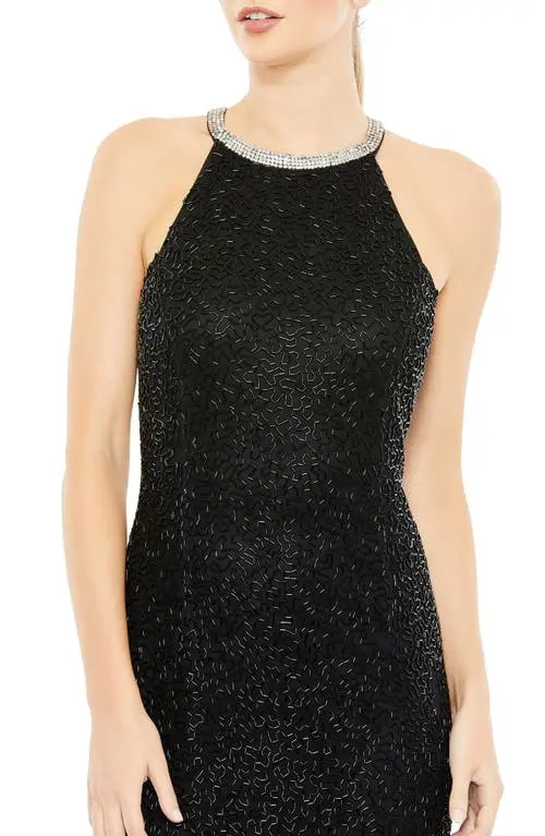 Mac Duggal Beaded Sleeveless High Neck Column Gown