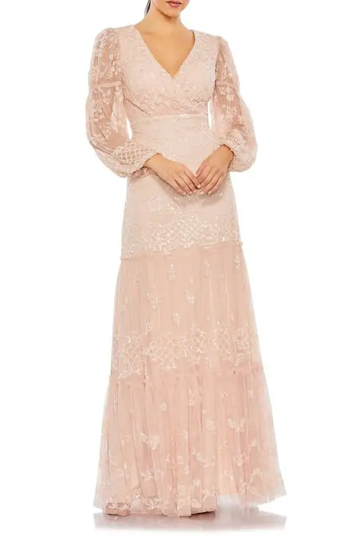 Mac Duggal Sequined Tiered Wrap-over Gown With Puff Sleeves - Blush