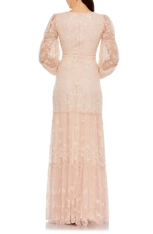 Mac Duggal Sequined Tiered Wrap-over Gown With Puff Sleeves - Blush