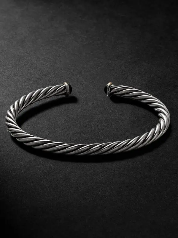 David Yurman Cable Sterling And 14k Gold Cuff With Onyx - Silver