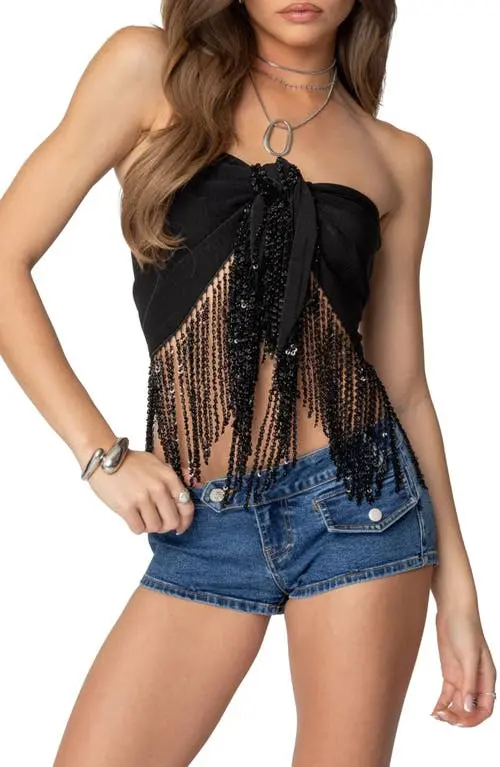 EDIKTED Jenna Sequin Fringe Strapless Top