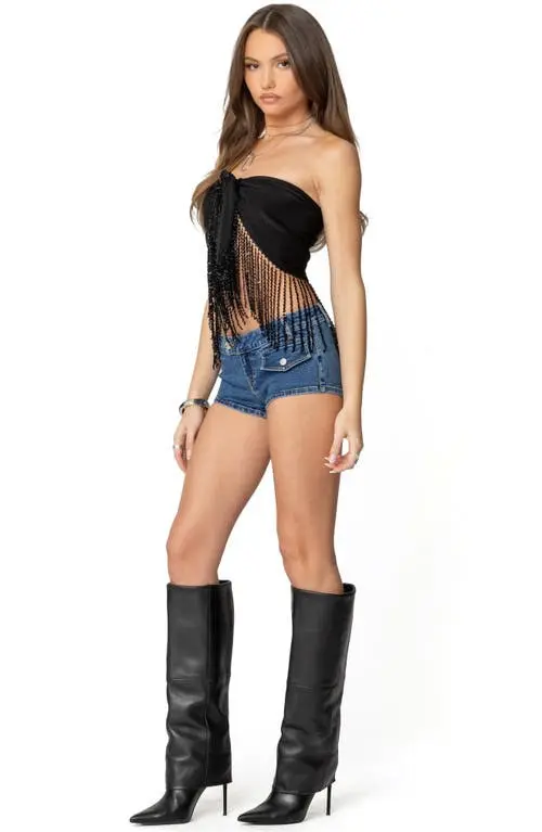 EDIKTED Jenna Sequin Fringe Strapless Top