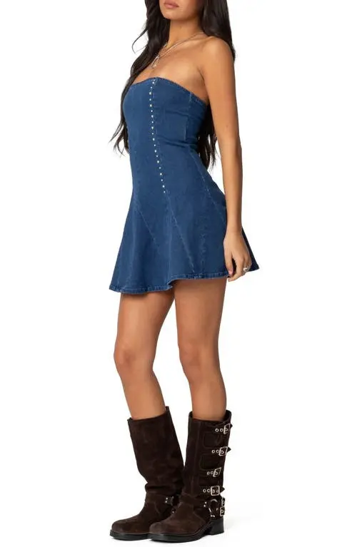 EDIKTED Fara Studded Strapless Godet Denim Minidress