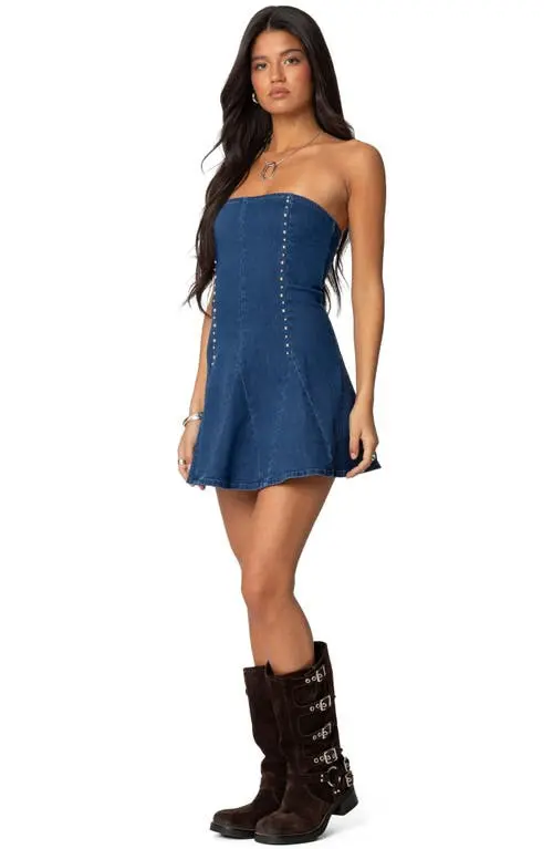 EDIKTED Fara Studded Strapless Godet Denim Minidress