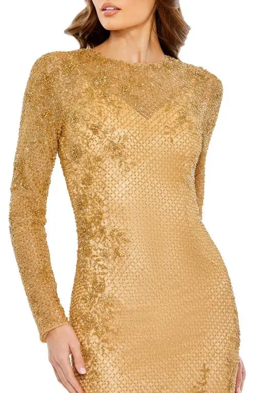 Mac Duggal Embellished Long Sleeve Evening Gown - Gold