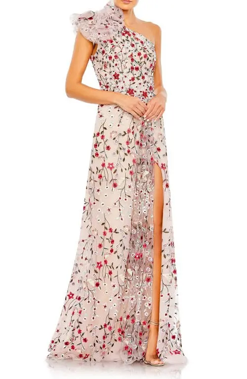 Mac Duggal Embellished Ruffled One-shoulder Gown - Rose Multi
