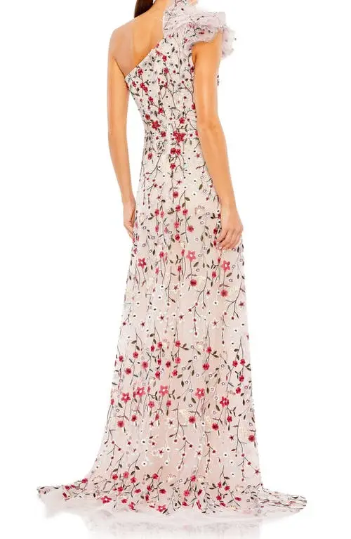 Mac Duggal Embellished Ruffled One-shoulder Gown - Rose Multi