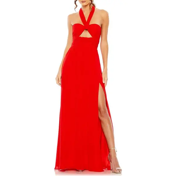 Mac Duggal Ruched Halter Keyhole Chiffon Gown