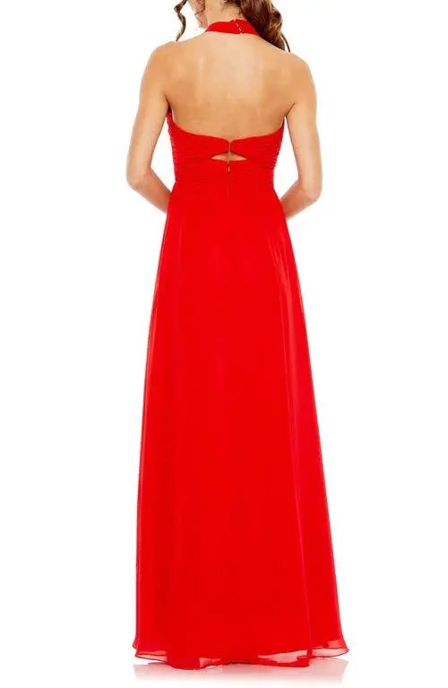 Mac Duggal Ruched Halter Keyhole Chiffon Gown