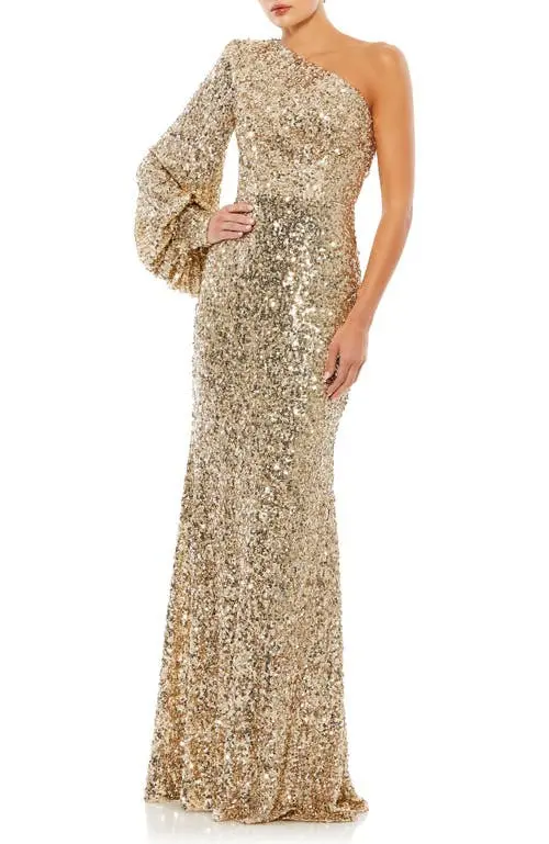 Mac Duggal One Shoulder Sequined Bishop Sleeve Trumpet Gown - Gold