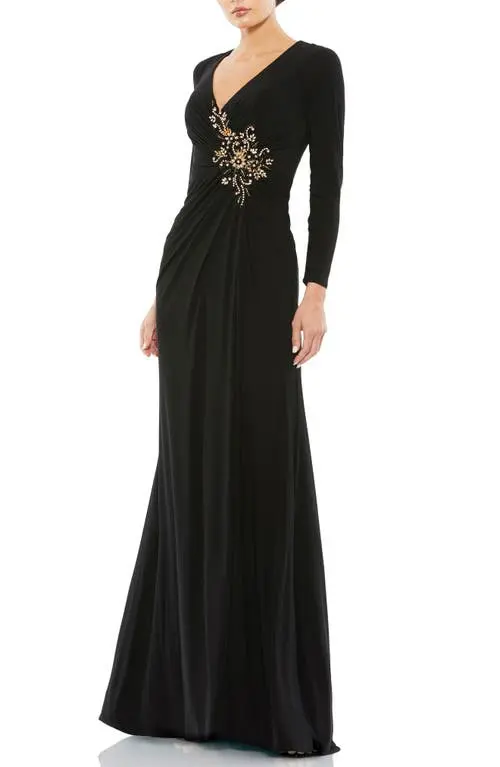 Mac Duggal Faux Wrap Appliqué Gown - Black