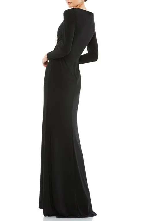 Mac Duggal Faux Wrap Appliqué Gown - Black