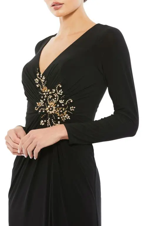 Mac Duggal Faux Wrap Appliqué Gown - Black