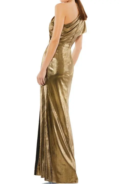 Mac Duggal Ruffled One-shoulder Metallic Gown