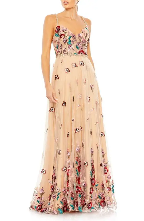 Mac Duggal Bead And Gemstone-encrusted A-line Gown - Beige Multi
