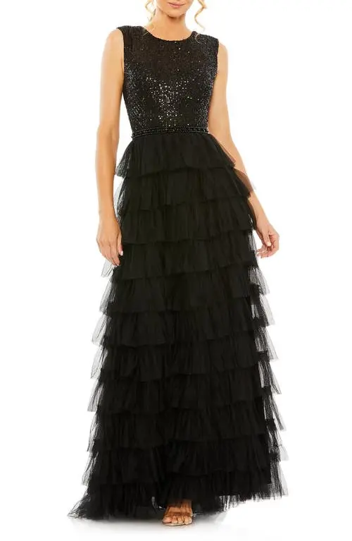 Mac Duggal Sequin Bodice Ruffle Tiered Gown - Black