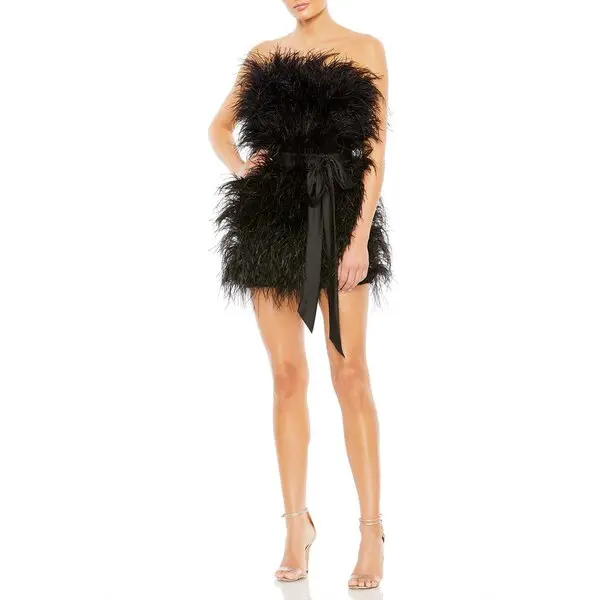 Mac Duggal Strapless Feather Mini Dress - Black