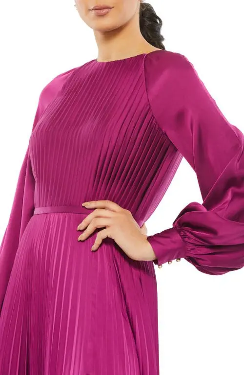 Mac Duggal Pleated High Neck Raglan Long Sleeve Gown With Slit - Berry
