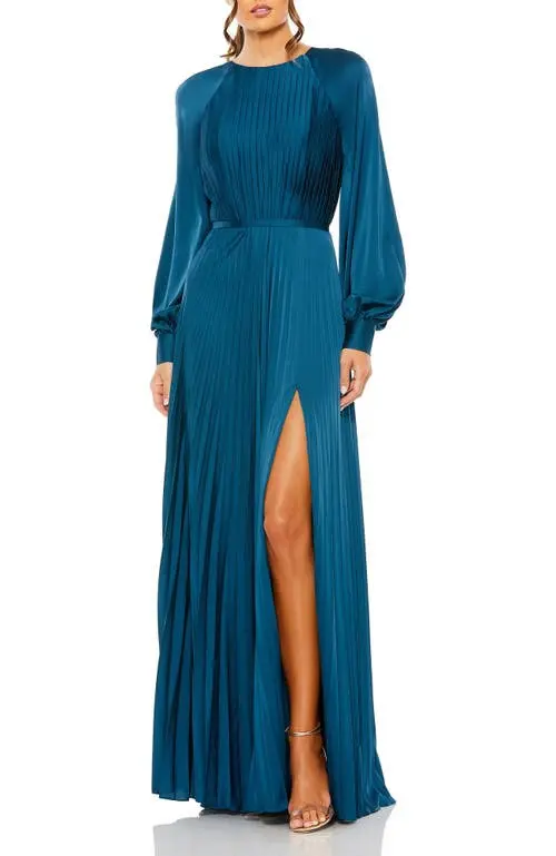 Mac Duggal Pleated High Neck Raglan Long Sleeve Gown With Slit - Peacock