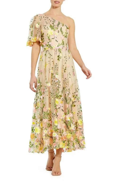 Mac Duggal One-shoulder Lace Embroidered Dress - Yellow Multi