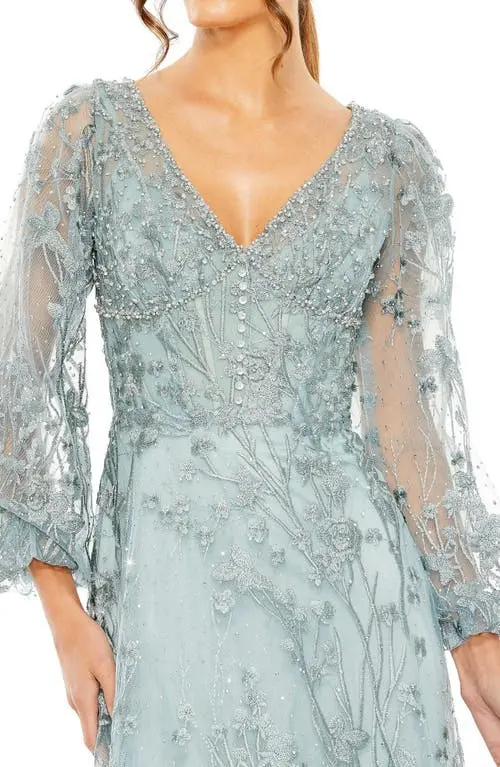 Mac Duggal V-neck Mesh Puff Sleeve A-line Embellished Dress