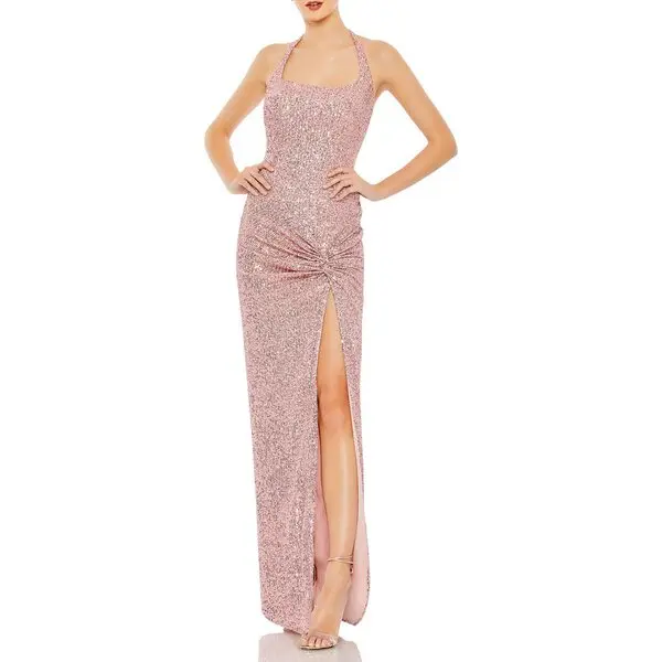 Mac Duggal Sequin Halter Gown With Knot Detail - Rose