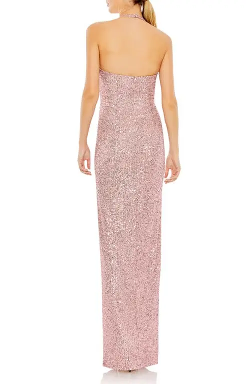 Mac Duggal Sequin Halter Gown With Knot Detail - Rose