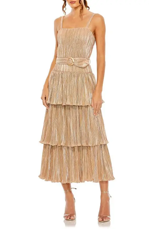 Mac Duggal Sleeveless Ruffle Tiered Metallic Midi Dress - Gold
