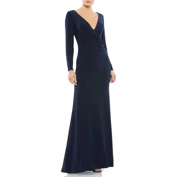 Mac Duggal Long Sleeve Ruched Jersey V-neck Gown - Midnight