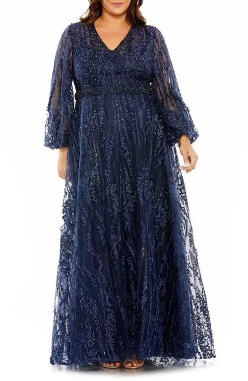 Mac Duggal V-neck Embroidered A-line Gown - Midnight