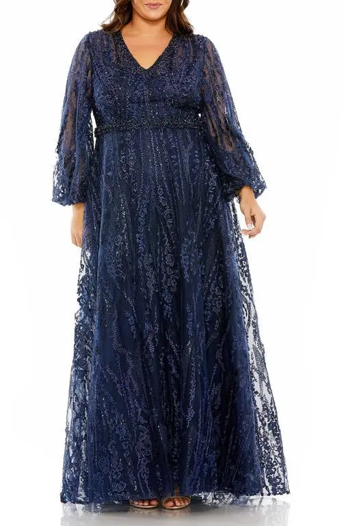 Mac Duggal V-neck Embroidered A-line Gown - Midnight