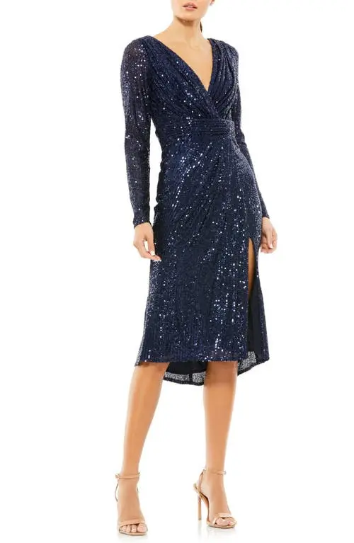 Mac Duggal Sequined Long Sleeve V-neck Midi Dress - Midnight