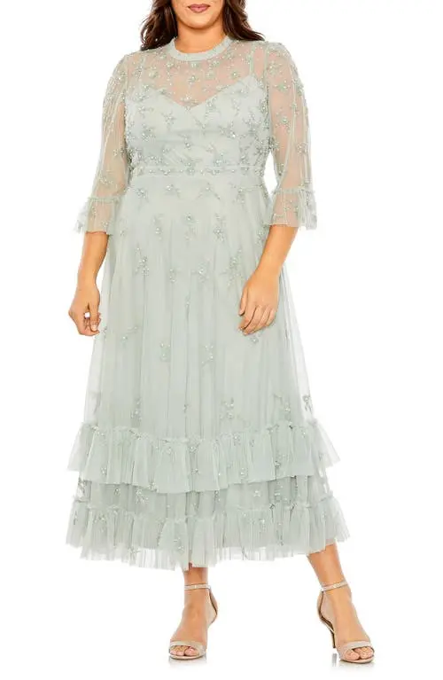 Mac Duggal Embellished Flutter-sleeve Tea-length Gown - Sage