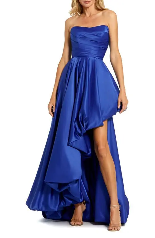 Mac Duggal Asymmetrical High-low Strapless Ruched Gown - Cobalt
