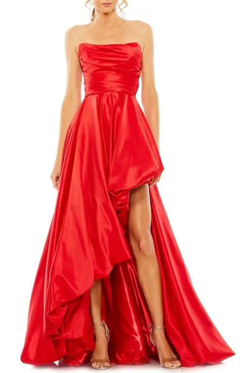 Mac Duggal Asymmetrical High-low Strapless Ruched Gown - Red
