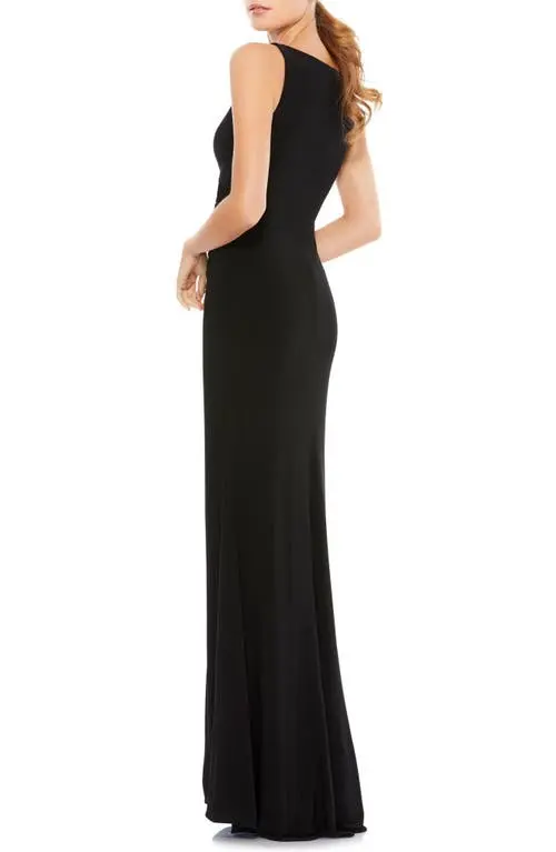 Mac Duggal Sleeveless V-neck Gown With Ruching And Slit - Black