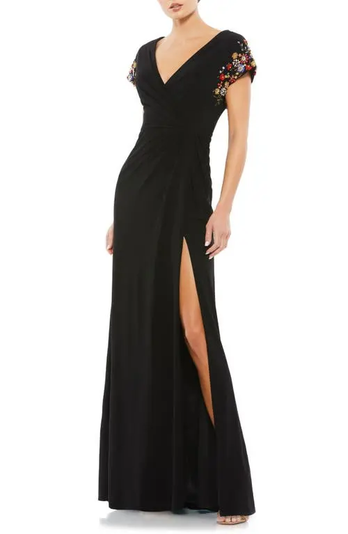 Mac Duggal Embellished Jersey Wrap Gown - Black Multi