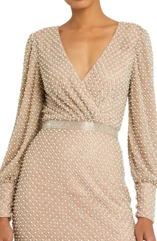 Mac Duggal Bishop Sleeve Pearl Beaded Gown - Ivory Beige