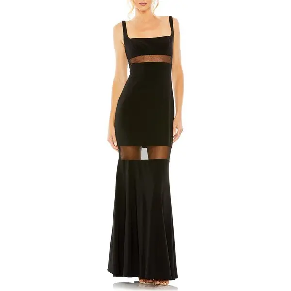 Mac Duggal Sheer Mesh Panel Sheer Detail Column Gown - Black