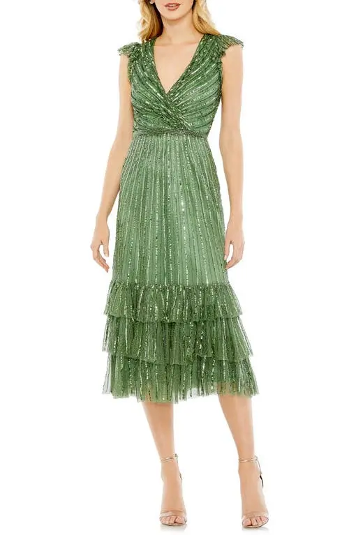 Mac Duggal Sequined Wrap Dress With Ruffle Hem - Sage