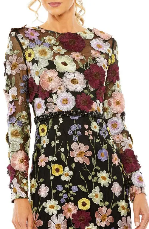 Mac Duggal Floral Embellished High Neck A-line Dress