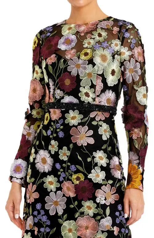 Mac Duggal Floral Embellished High Neck A-line Dress