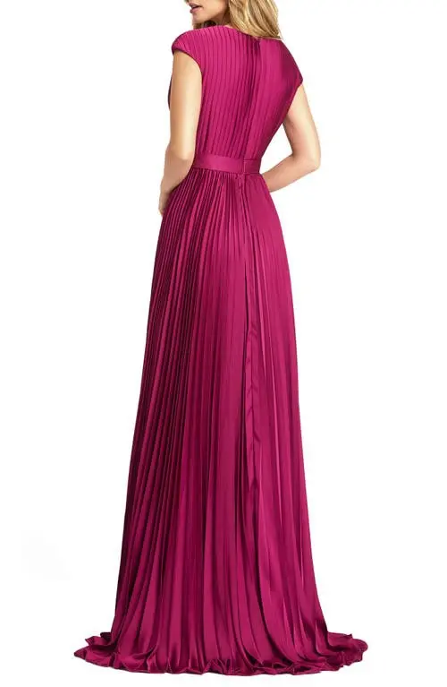 Mac Duggal Pleated Plunge Neck Belted Satin Gown - Raspberry