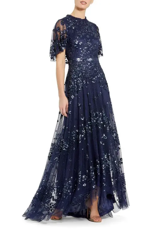 Mac Duggal Sequined High Neck A-line Gown - Midnight