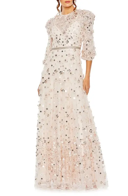 Mac Duggal Floral Applique Puff Sleeve High Neck A-line Gown - Blush