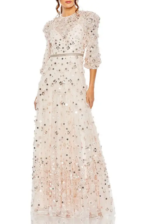 Mac Duggal Floral Applique Puff Sleeve A-line Gown - Blush